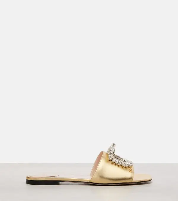 Valentino Garavani Adamantine Embellished Leather Slides - Gold