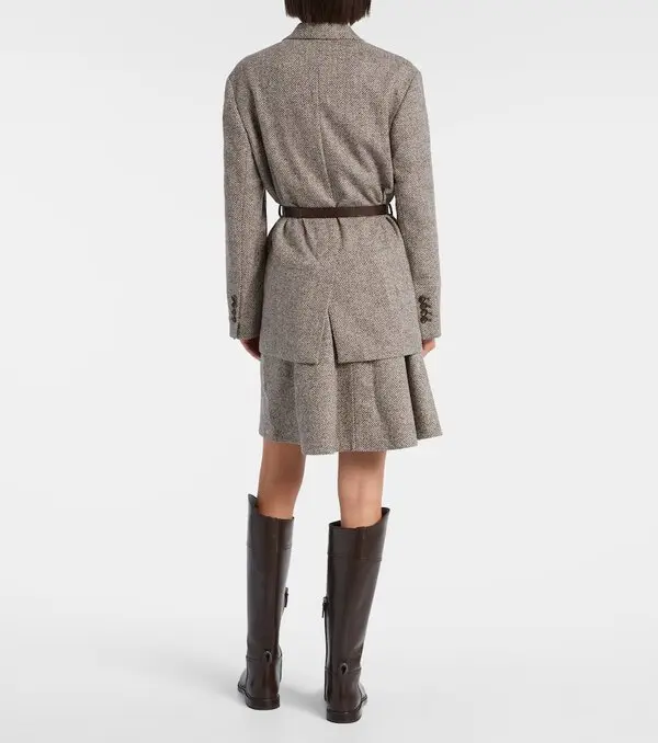 Brunello Cucinelli Herringbone Wool-blend Blazer With Belt - Grey