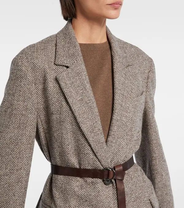 Brunello Cucinelli Herringbone Wool-blend Blazer With Belt - Grey