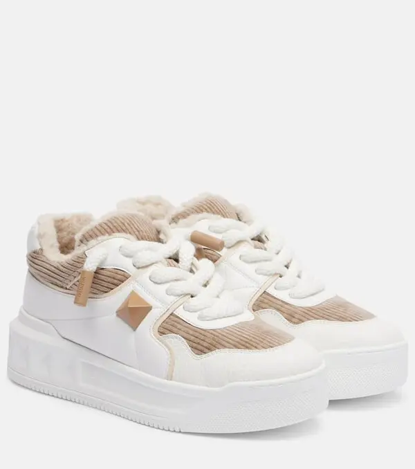 Valentino Garavani One Stud Xl Leather And Corduroy Sneakers - White