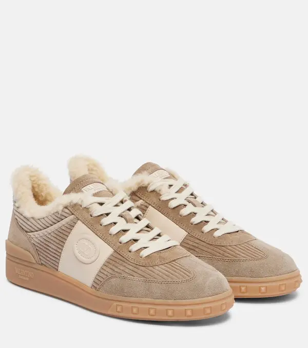 Valentino Garavani Upvillage Suede And Corduroy Sneakers - Beige