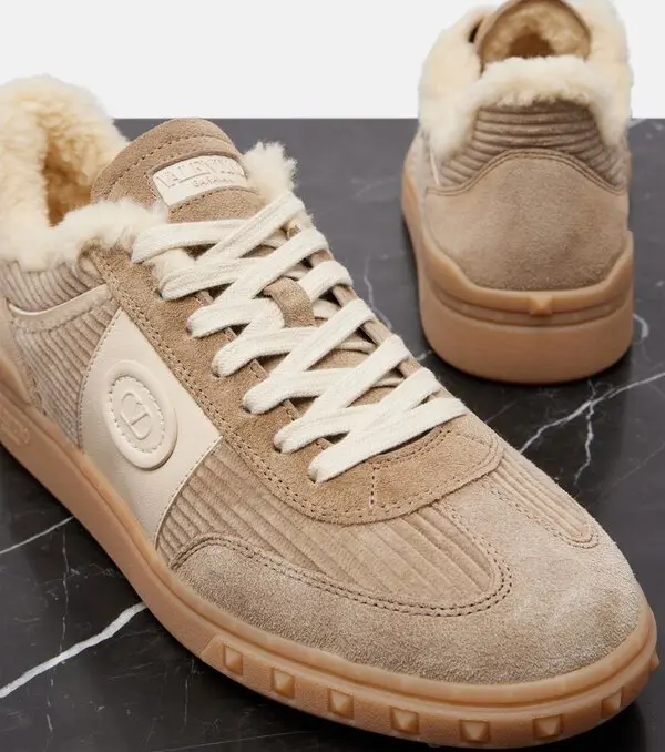 Valentino Garavani Upvillage Suede And Corduroy Sneakers - Beige
