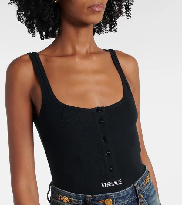 Versace Ribbed-knit Logo Cotton-blend Bodysuit - Black