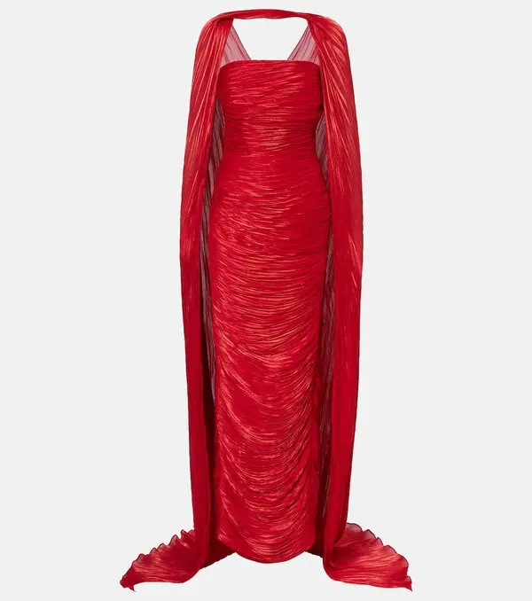 MARMAR HALIM Caped Pleated Bustier Gown - Red