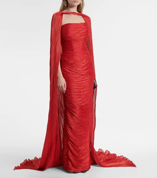 MARMAR HALIM Caped Pleated Bustier Gown - Red