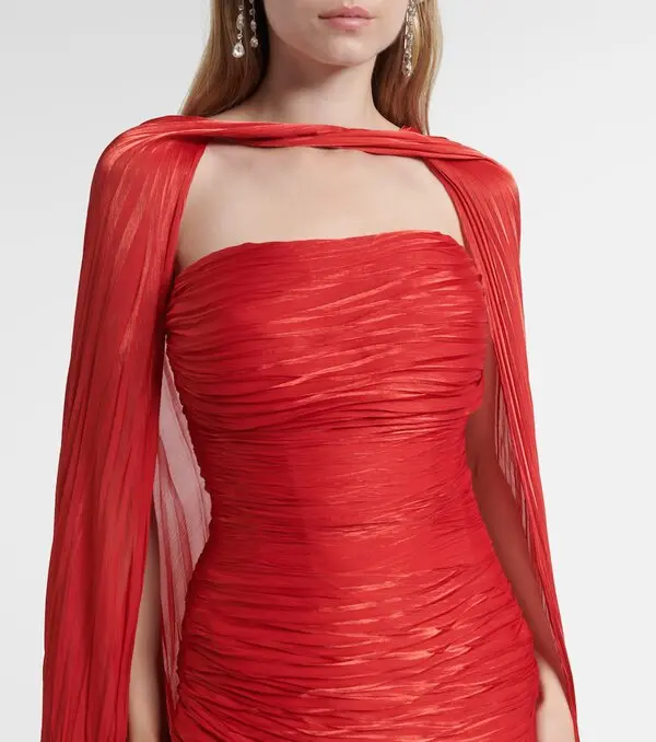 MARMAR HALIM Caped Pleated Bustier Gown - Red