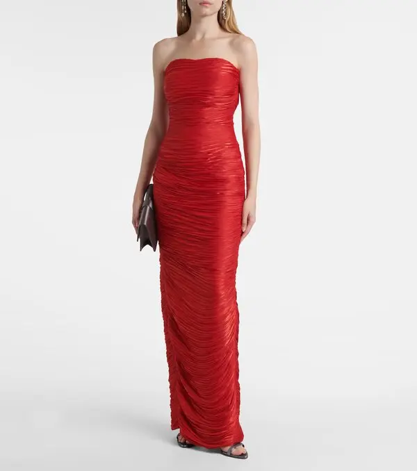 MARMAR HALIM Caped Pleated Bustier Gown - Red
