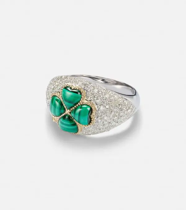 Yvonne Léon 9kt White Gold, Diamond, And Malachite Ring - Silver