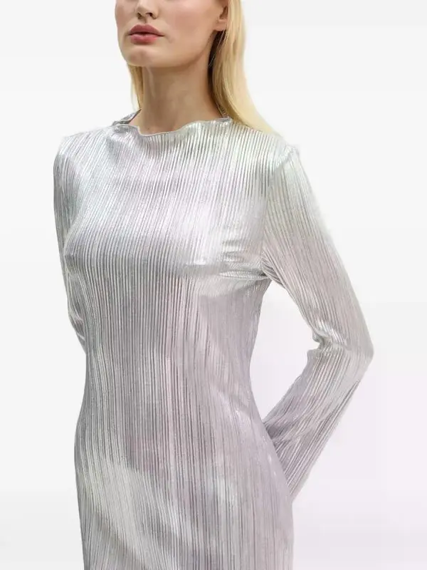 NEVER FULLY DRESSED Plissé-effect Long-sleeve Midi Dress