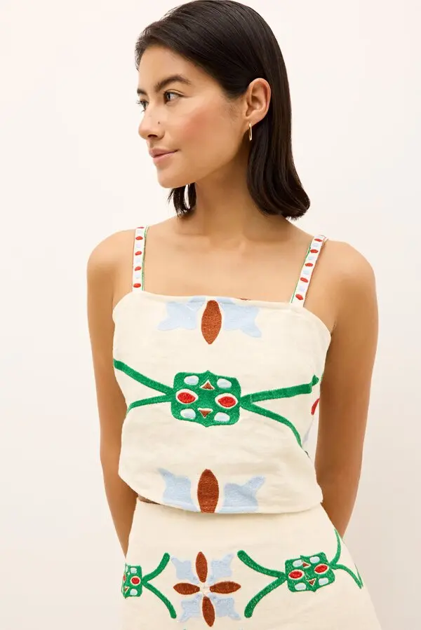 MARIE OLIVER Embroidered Linen Crop Top