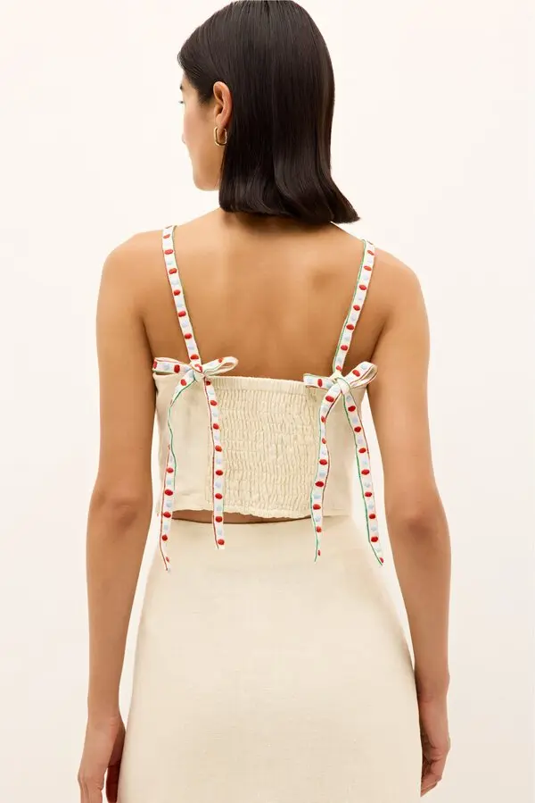 MARIE OLIVER Embroidered Linen Crop Top