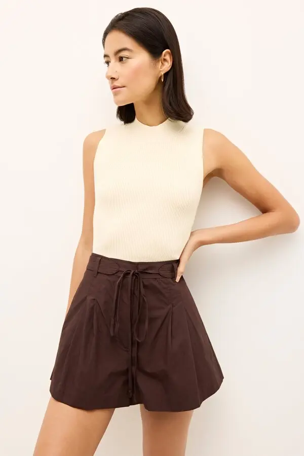 MARIE OLIVER Lander High Rise Wide Leg Pleated Shorts - Java