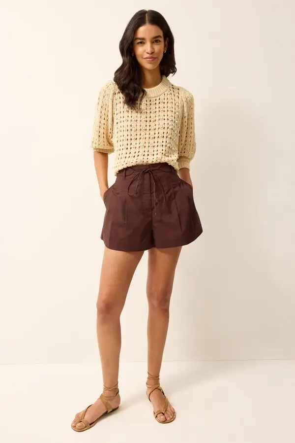 MARIE OLIVER Lander High Rise Wide Leg Pleated Shorts - Java