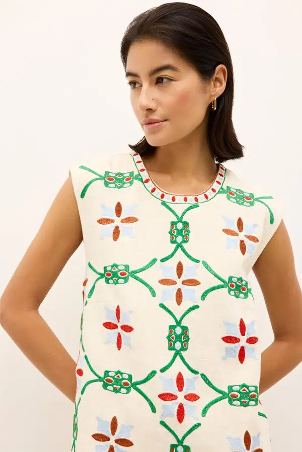 MARIE OLIVER Yvette Embroidered Linen Mini Dress - Trellis