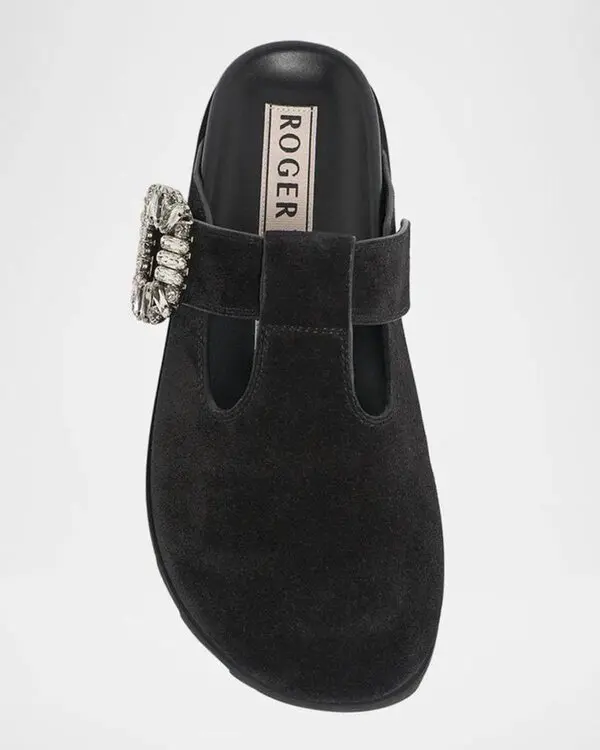 ROGER VIVIER Slidy Viv Suede T-strap Mules - Nero