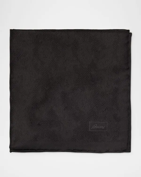 Brioni Solid Paisley Jacquard Silk Pocket Square - Black