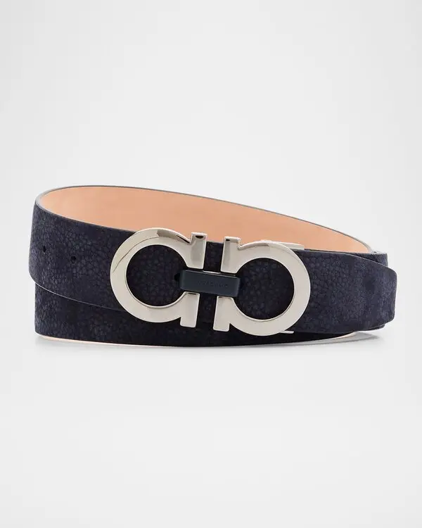 FERRAGAMO Gancini Adjustable Suede Belt - Navy