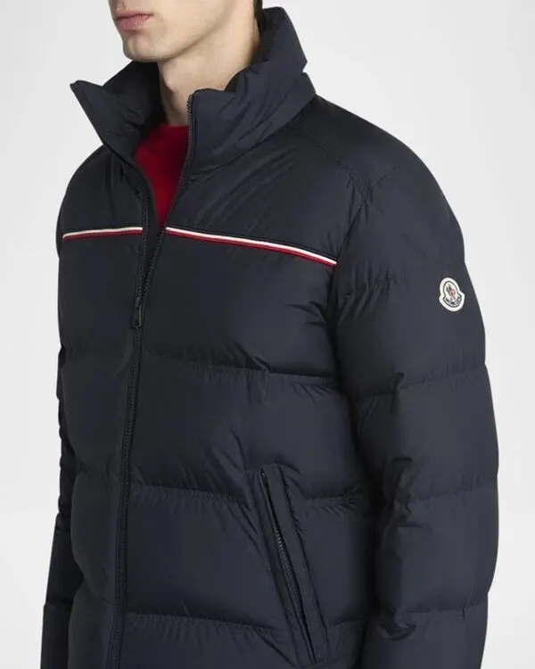 Moncler Quilted Down Jacket With Tricolor Trim - Navy