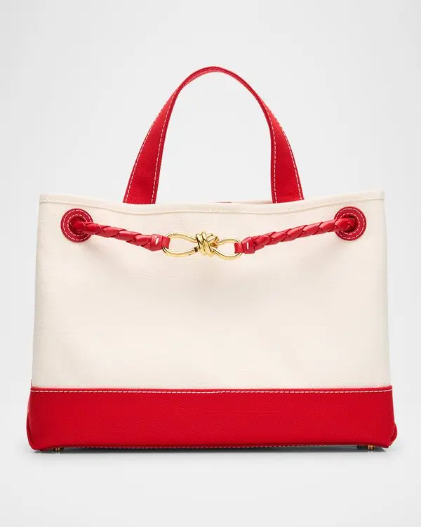 Bottega Veneta Andiamo Medium Two-Tone Canvas Tote Bag White