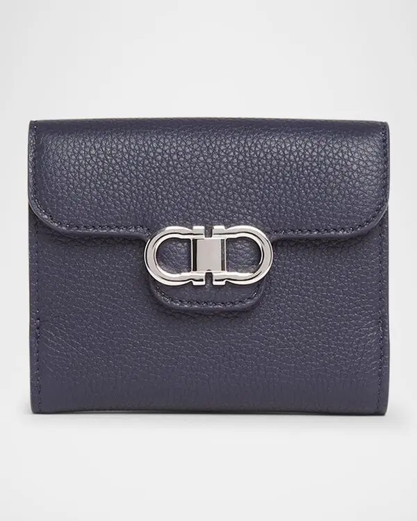 FERRAGAMO Double Gancio Grainy Leather Wallet - New Navy