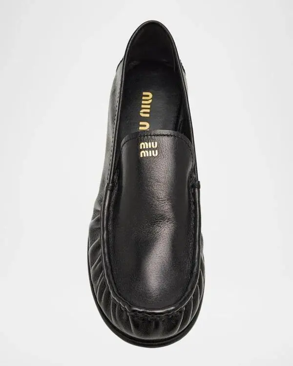 Miu Miu Ruched Leather Moccasin Loafers - Nero