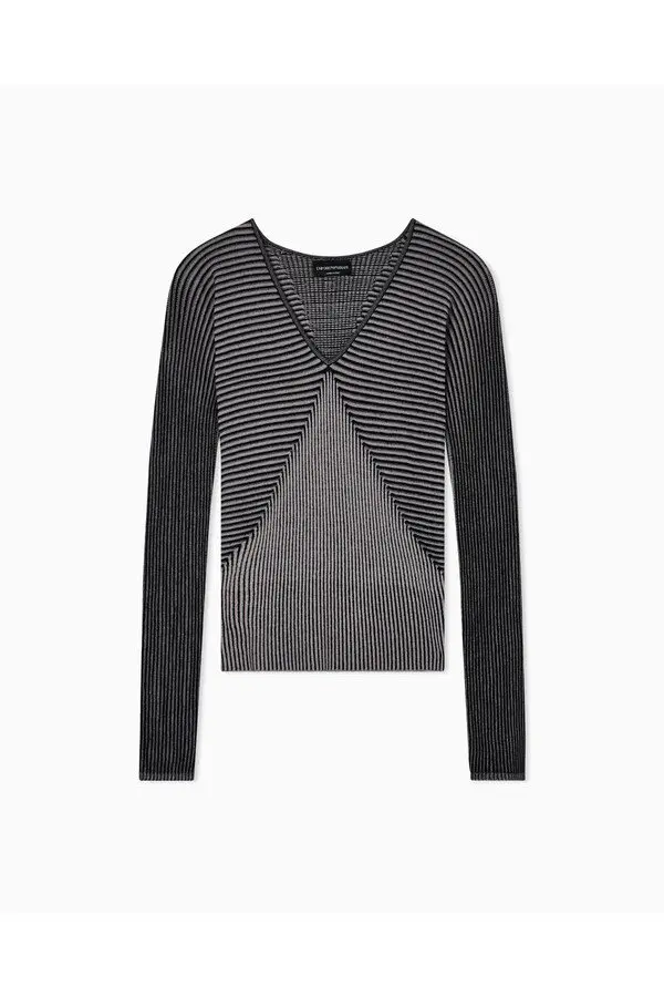 Emporio Armani Striped Links-stitched V-neck Jumper - Black