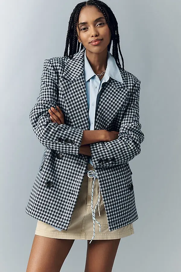 Avec Les Filles Double-breasted Knit Plaid Blazer