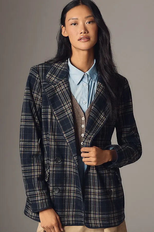 Avec Les Filles Double-breasted Knit Plaid Blazer - Navy Plaid / Navy