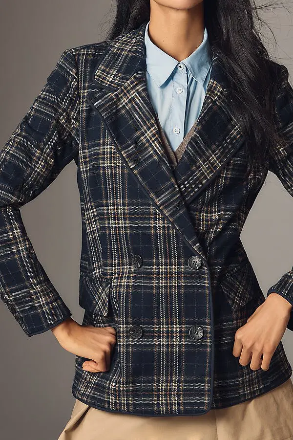Avec Les Filles Double-breasted Knit Plaid Blazer - Navy Plaid / Navy