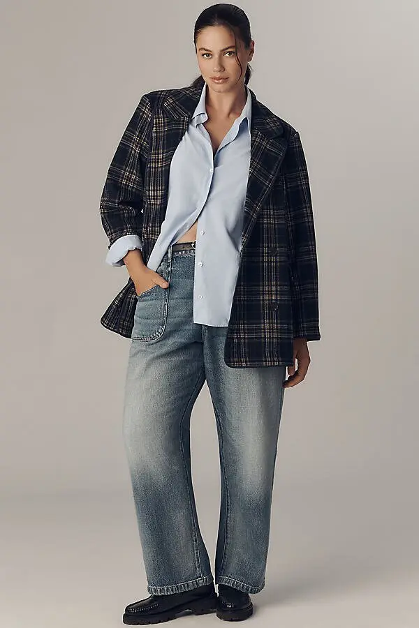 Avec Les Filles Double-breasted Knit Plaid Blazer - Navy Plaid / Navy
