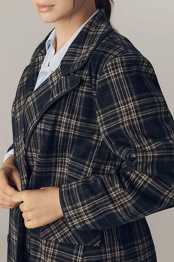 Avec Les Filles Double-breasted Knit Plaid Blazer - Navy Plaid / Navy