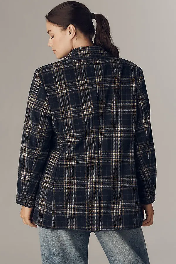 Avec Les Filles Double-breasted Knit Plaid Blazer - Navy Plaid / Navy