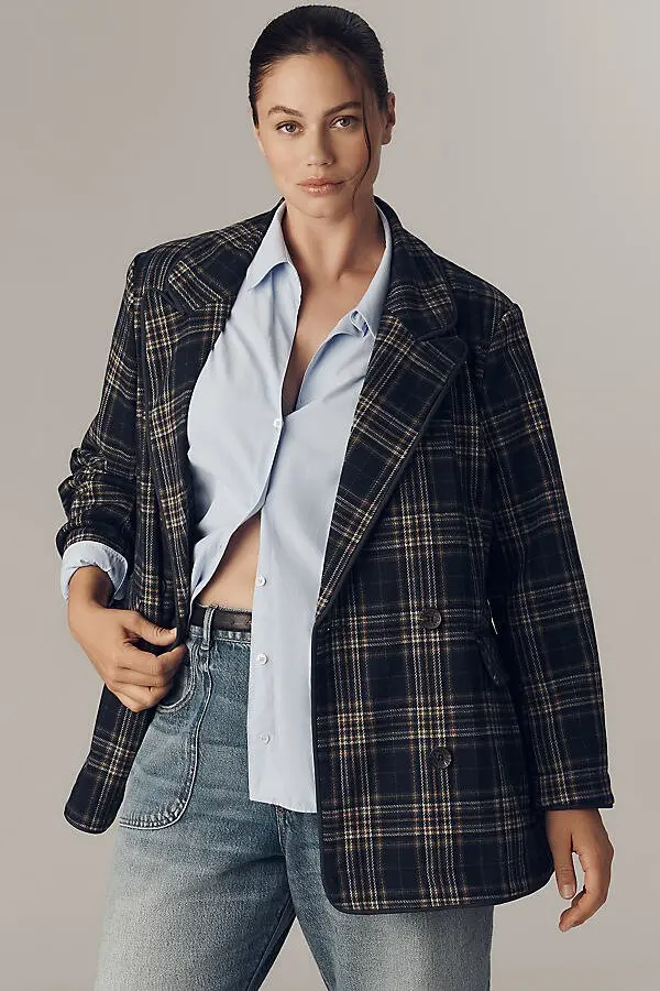 Avec Les Filles Double-breasted Knit Plaid Blazer - Navy Plaid / Navy