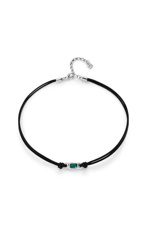 UNODE50 Green Crystal Leather Necklace - Silver