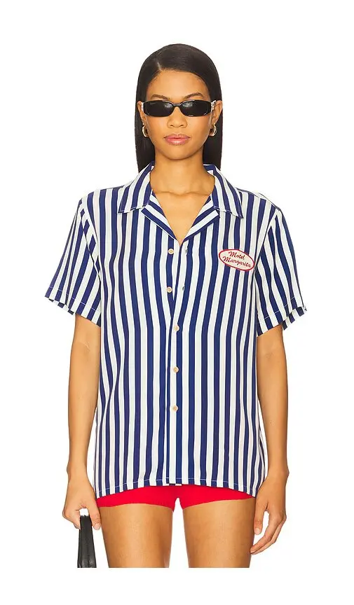 MOTEL MARGARITA Cabana Button Up Shirt In White - Bone & Navy