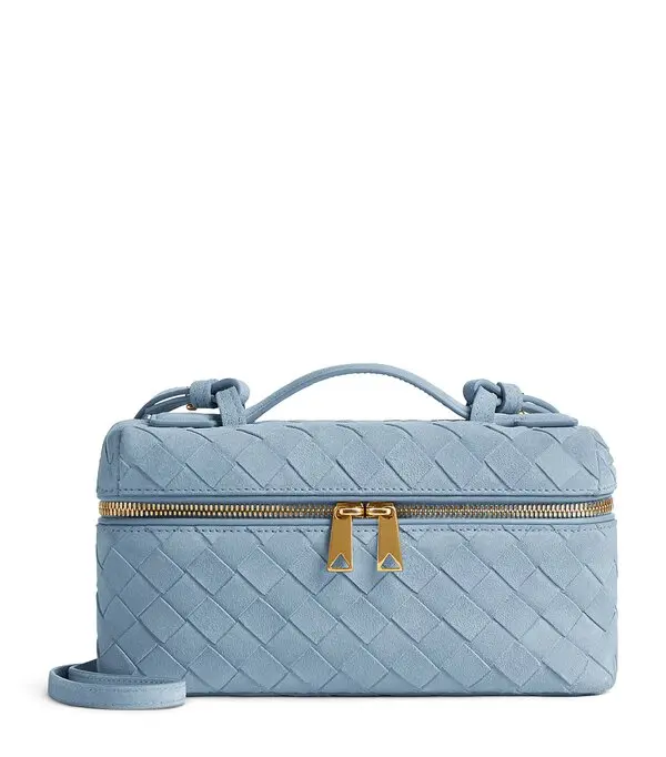 Bottega Veneta Suede Vanity Case With Intrecciato Weave And Detachable Strap - Grey