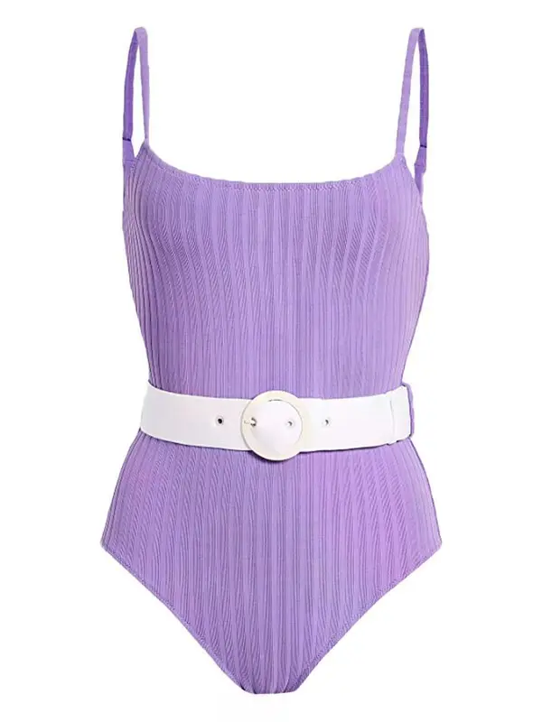 Solid & Striped The Nina Ribbed Belted Swimsuit - Purple