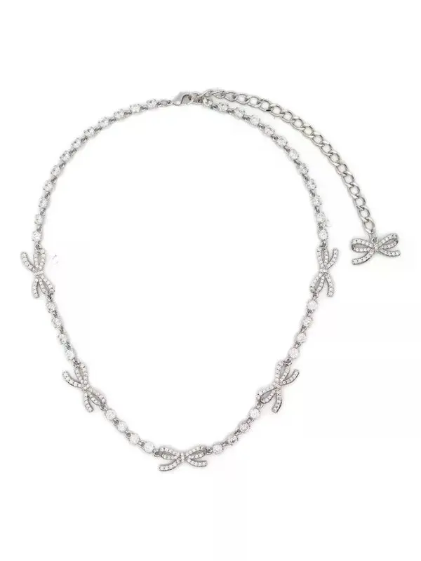 SELF-PORTRAIT Crystal Embellished Bow Necklace - Silver