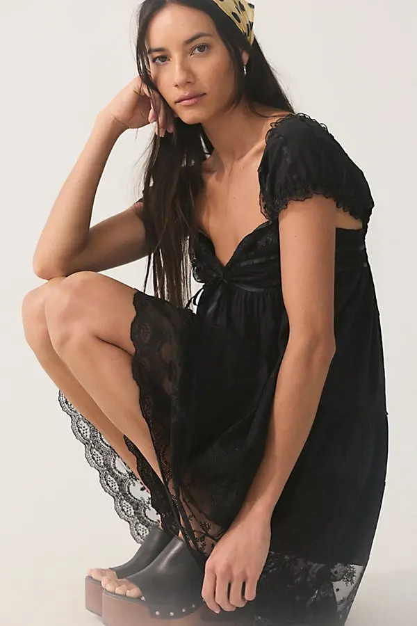 Free People Intimately Tiered Lace Babydoll Romper - Black
