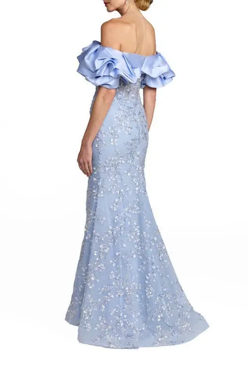 Mac Duggal Beaded Applique Off-the-shoulder Mermaid Gown - Periwinkle