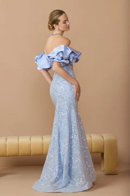 Mac Duggal Beaded Applique Off-the-shoulder Mermaid Gown - Periwinkle