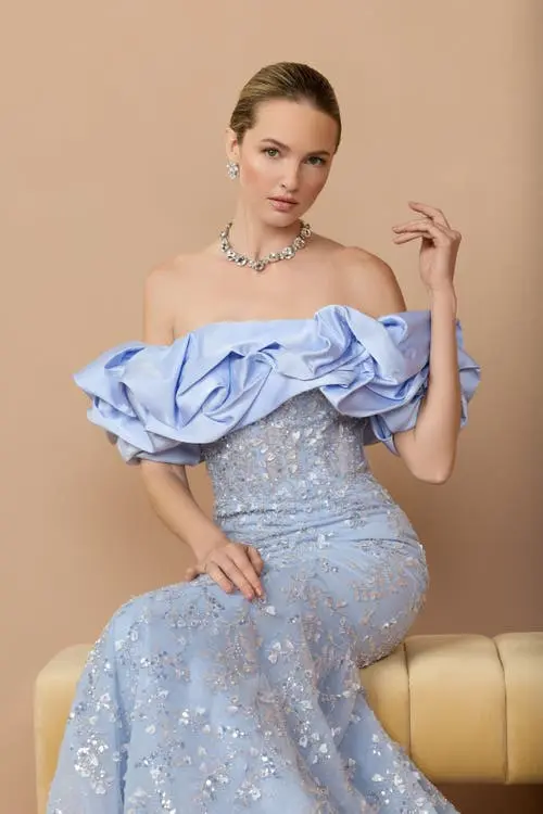 Mac Duggal Beaded Applique Off-the-shoulder Mermaid Gown - Periwinkle