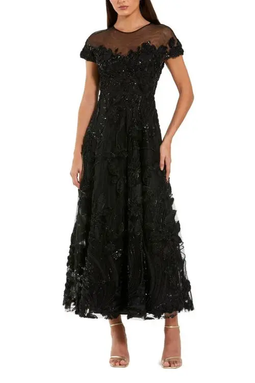 Mac Duggal Embellished Lace Illusion Neck A-line Midi Dress - Black