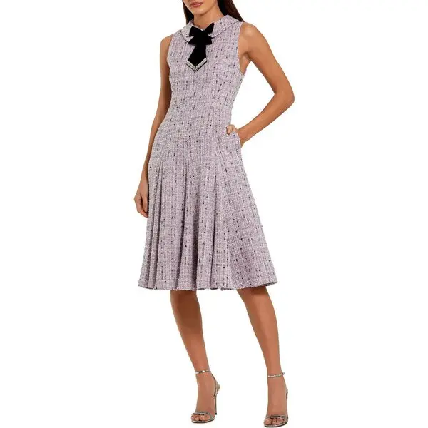 Mac Duggal Sleeveless Boucle A-line Midi Dress With Bow - Lilac Multi