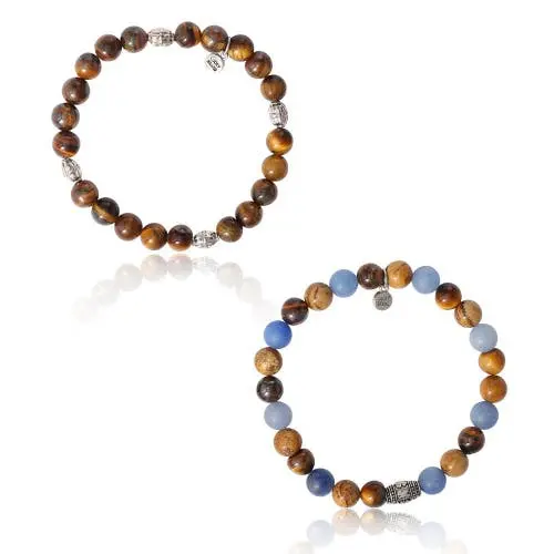 Lucky Brand Tiger’s Eye & Sodalite Beaded Stretch Bracelets - Brown, Blue, Silver