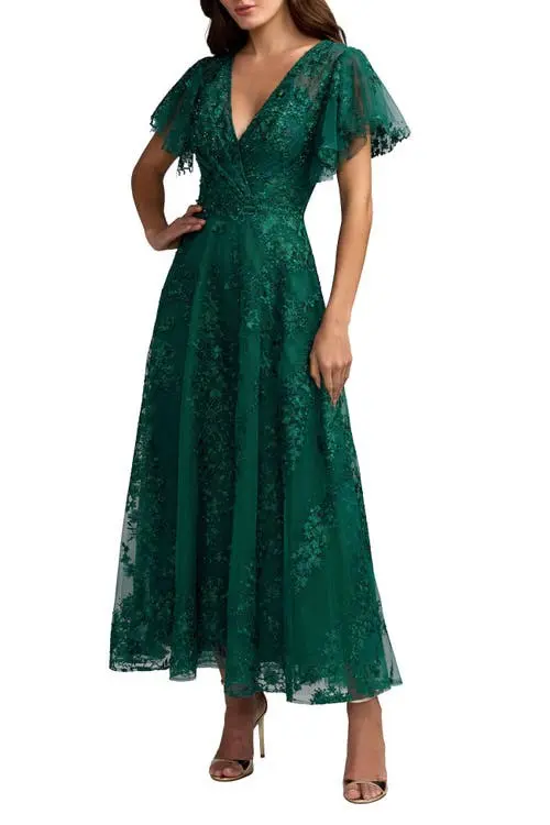 Mac Duggal Flutter Sleeve Faux Wrap Embellished Tea Length Dress - Emerald
