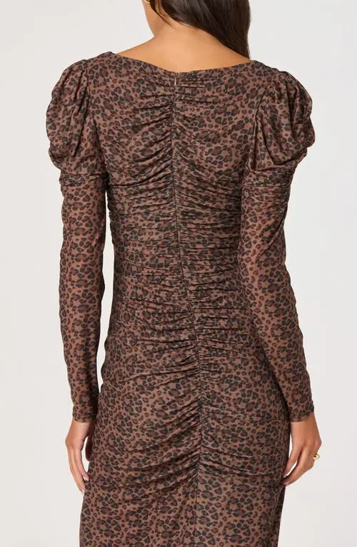 Astr The Label Long Sleeve Ruched Mesh Midi Dress - Leopard Print