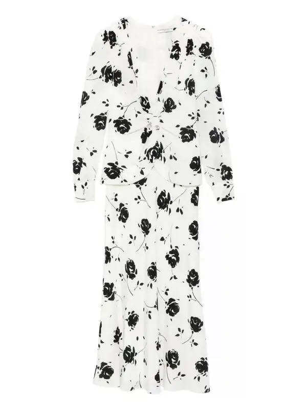 Alessandra Rich Rose-print Midi Dress With Button Detail - White