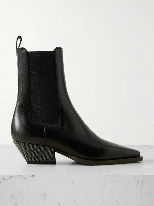 Brunello Cucinelli Bead-embellished Leather Ankle Boots - Black