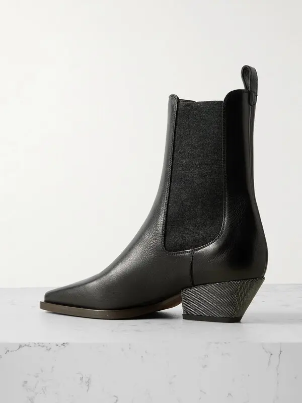 Brunello Cucinelli Bead-embellished Leather Ankle Boots - Black